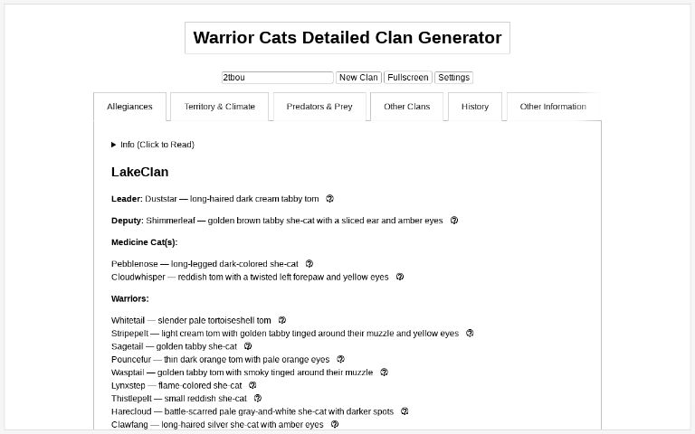 Warrior Cats Detailed Clan Generator