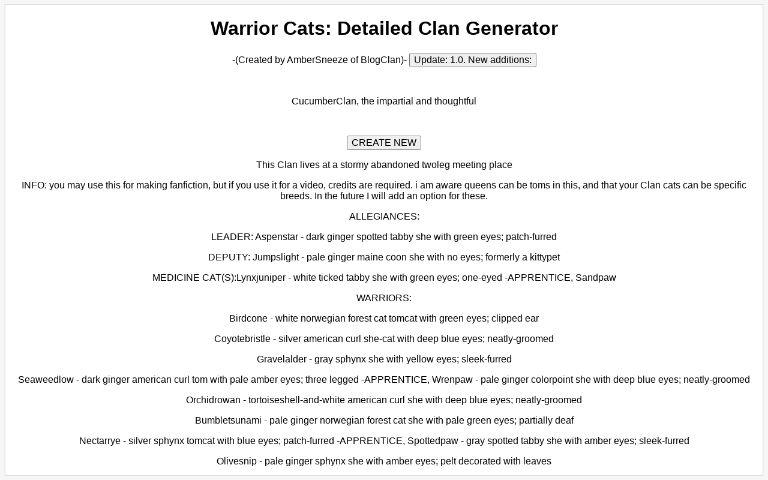Warrior Cats: Detailed Clan Generator
