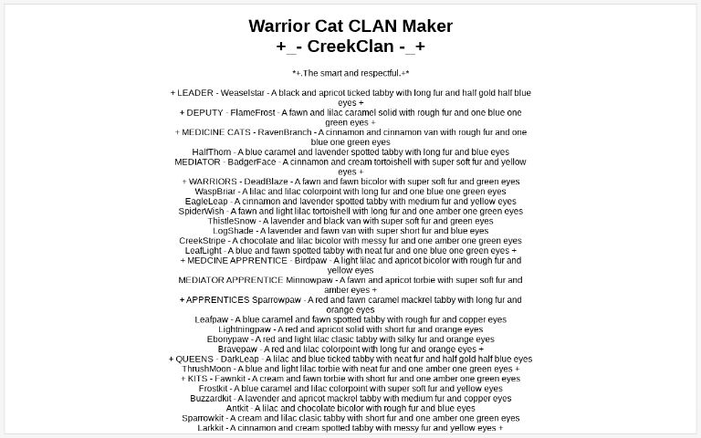 Warrior Cat CLAN Maker +_- DarkClan -_+ ― Perchance Generator