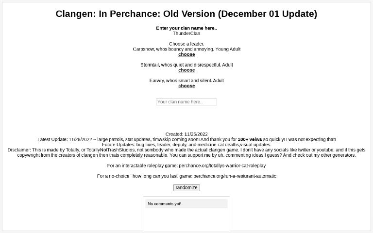 Clangen: In Perchance: Old Version (December 01 Update) ― Perchance Generator