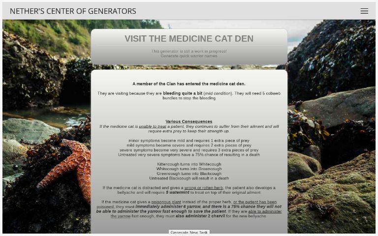 VISIT THE MEDICINE CAT DEN ― Perchance Generator