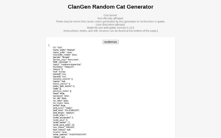 ClanGen Random Cat Generator