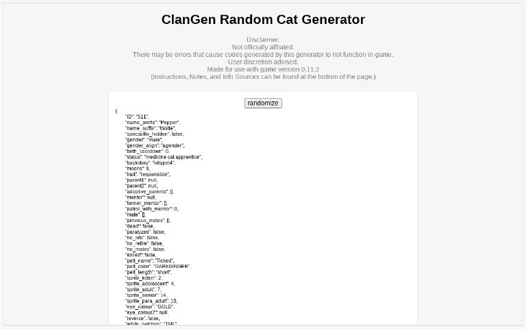 ClanGen Random Cat Generator