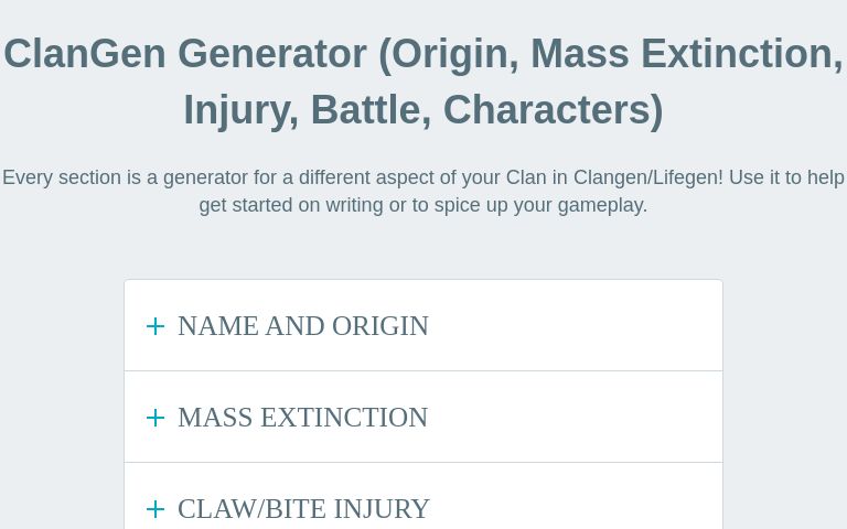 ClanGen Generator (Origin, Mass Extinction, Injury, Battle, Characters)