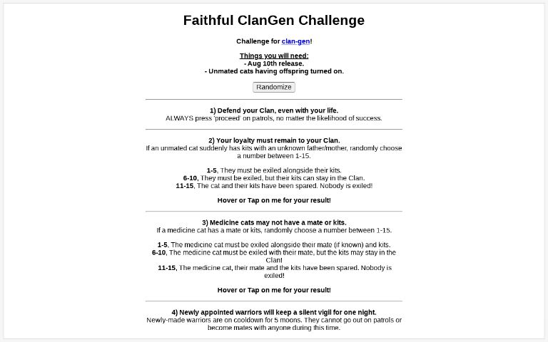 Faithful ClanGen Challenge ― Perchance Generator