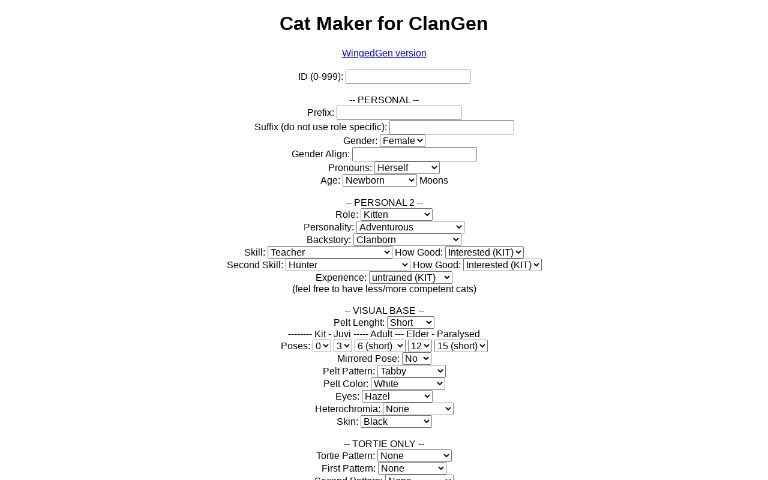 Cat Maker for ClanGen ― Perchance Generator