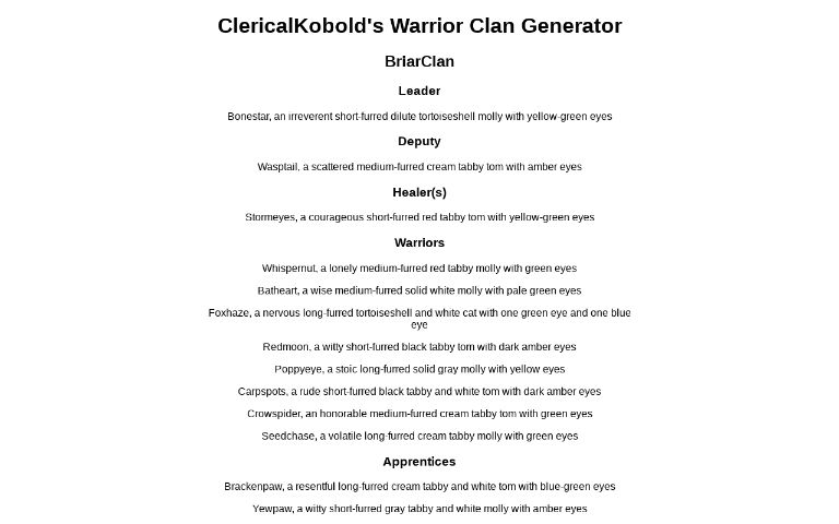 ClericalKobold's Warrior Clan Generator