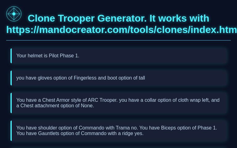 Clone Trooper Generator. It works with https://mandocreator.com/tools ...