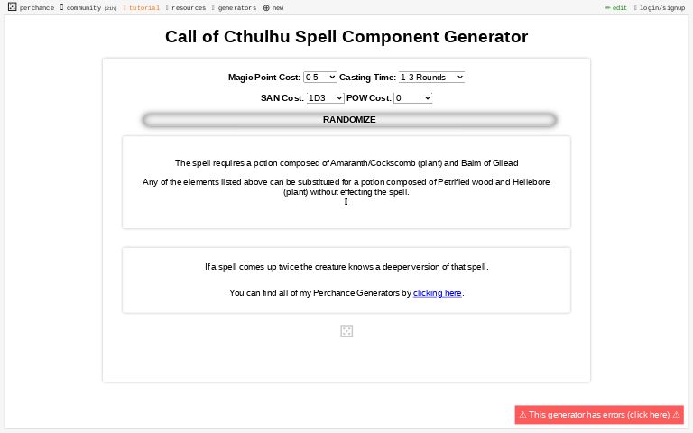 Call of Cthulhu Spell Component Generator