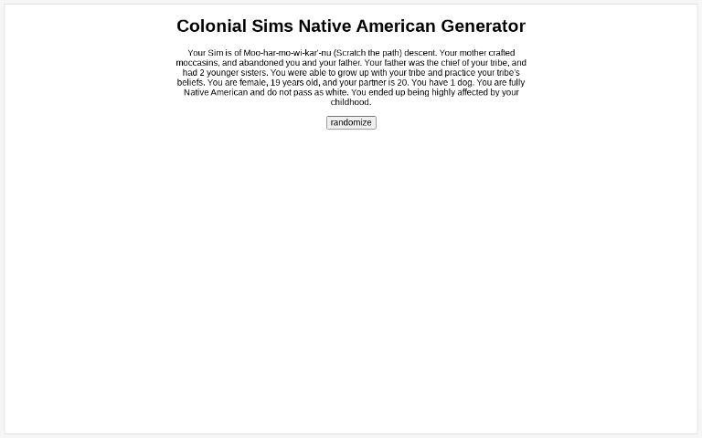 Colonial Sims Native American Generator