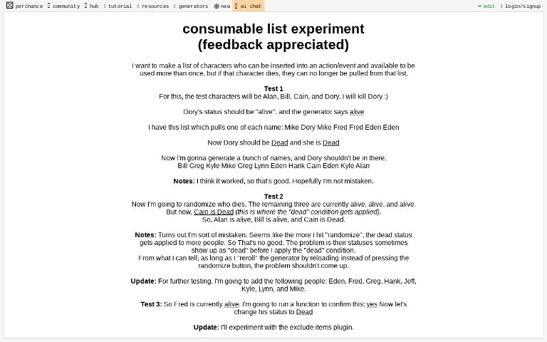 consumable list experiment(feedback appreciated) ― Perchance Generator