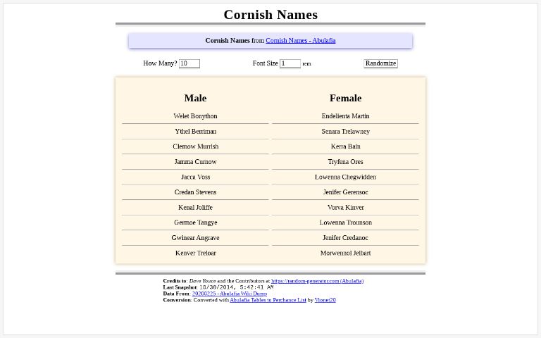 Cornish Names ― Perchance Generator