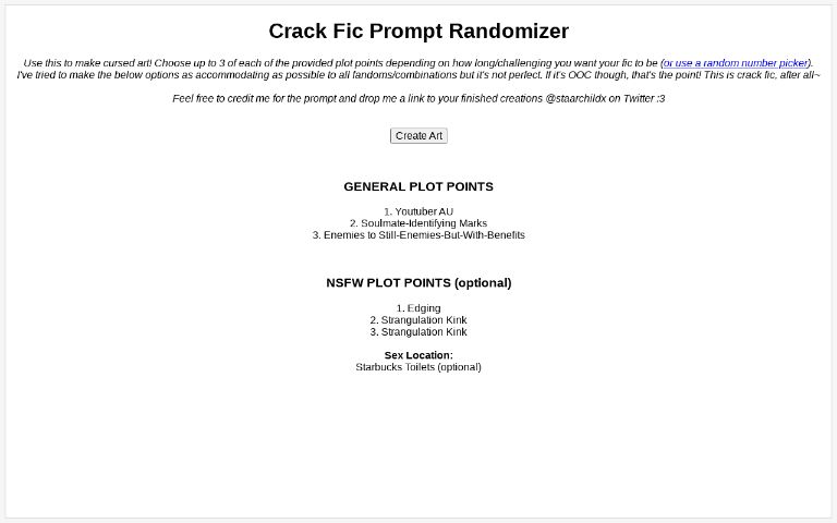 Crack Fic Prompt Randomizer ― Perchance Generator