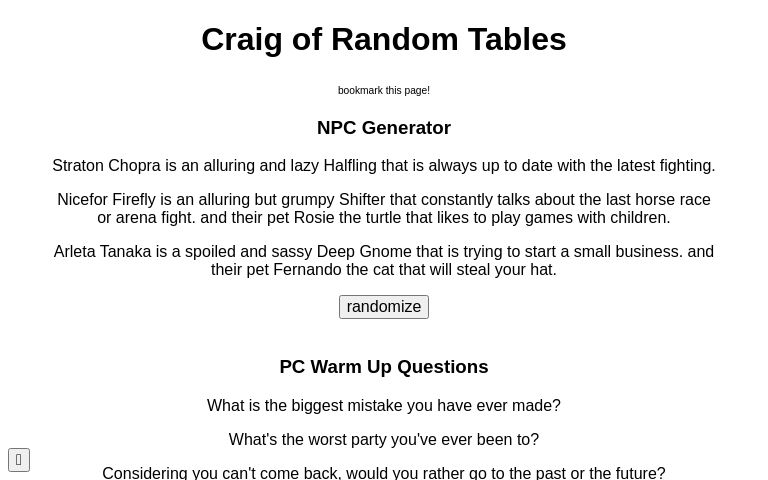 Craig of Random Tables ― Perchance Generator