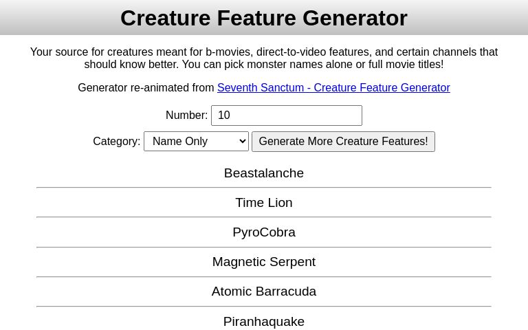 Creature Feature Generator - Re-animated from Seventh Sanctum