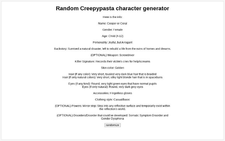 Random Creepypasta character generator