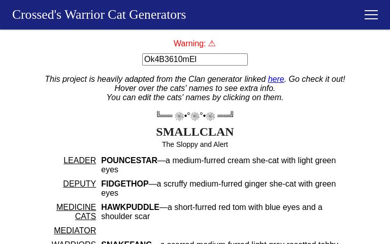 Crossed's Warrior Cat Clan Generator