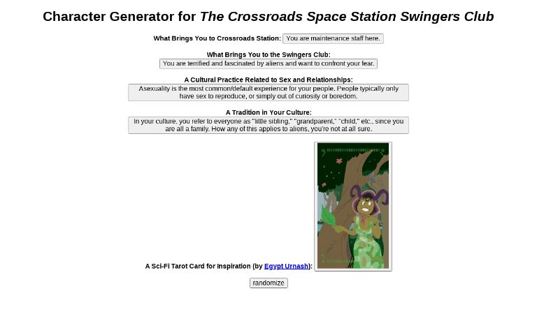 Character Generator for The Crossroads Space Station Swingers Club
