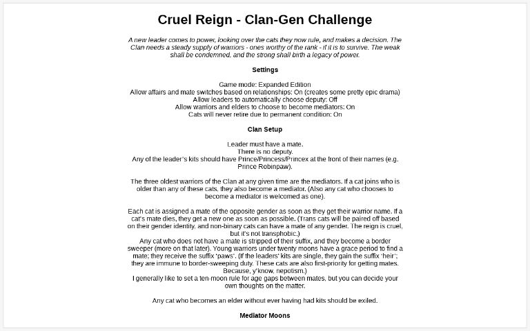 Cruel Reign - Clan-Gen Challenge