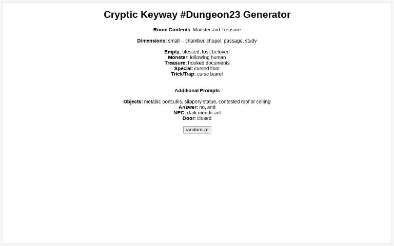 Cryptic Keyway #Dungeon23 Generator