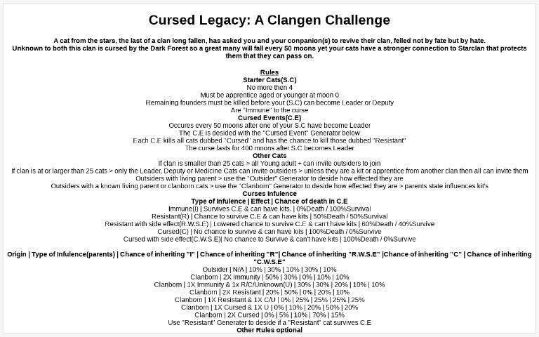 Cursed Legacy: A Clangen Challenge ― Perchance Generator