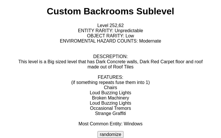 Custom Backrooms Sublevel ― Perchance Generator