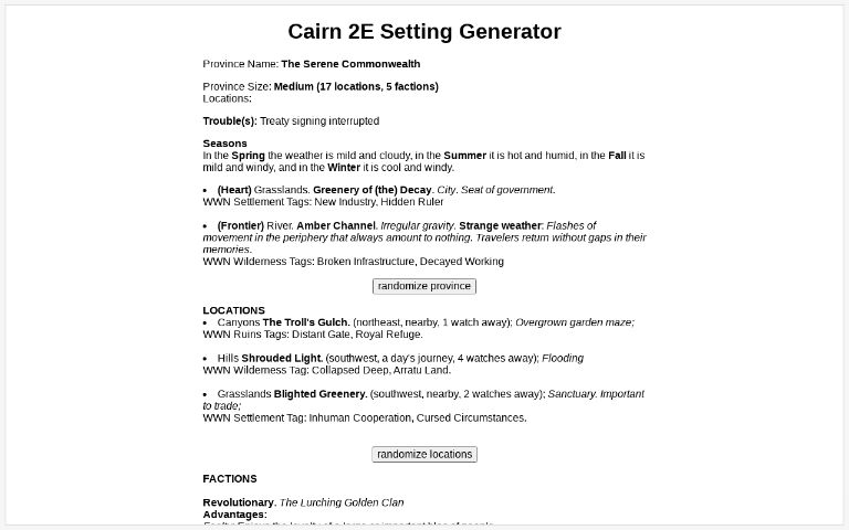 Cairn 2E Setting Generator