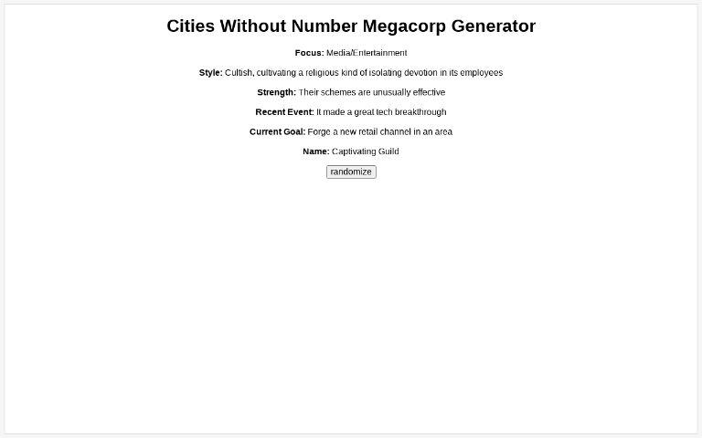 Cities Without Number Megacorp Generator