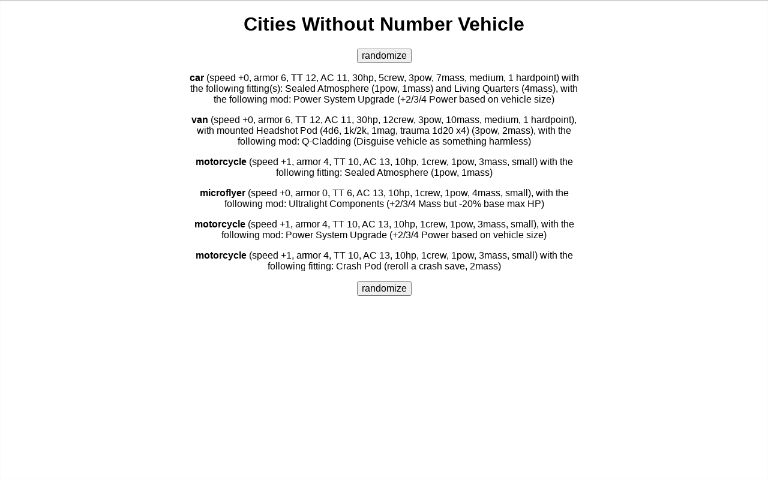 Cities Without Number Vehicle ― Perchance Generator