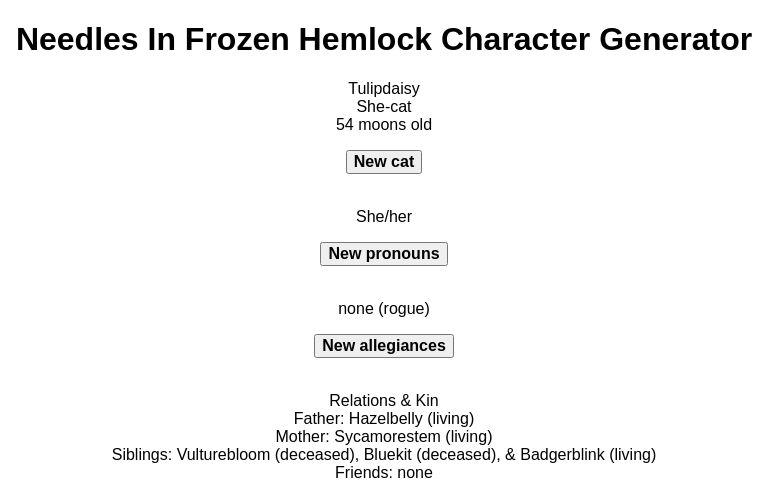 Needles In Frozen Hemlock Character Generator