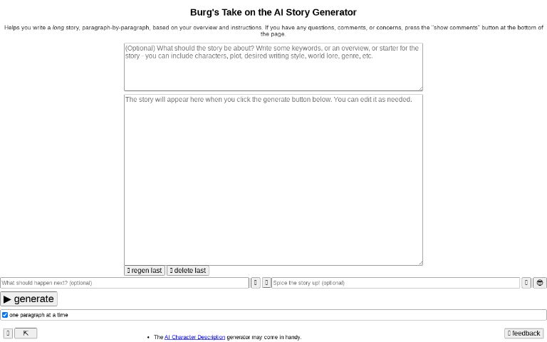 Burg's Take on AI Story Generator (free, unlimited, no sign-up)