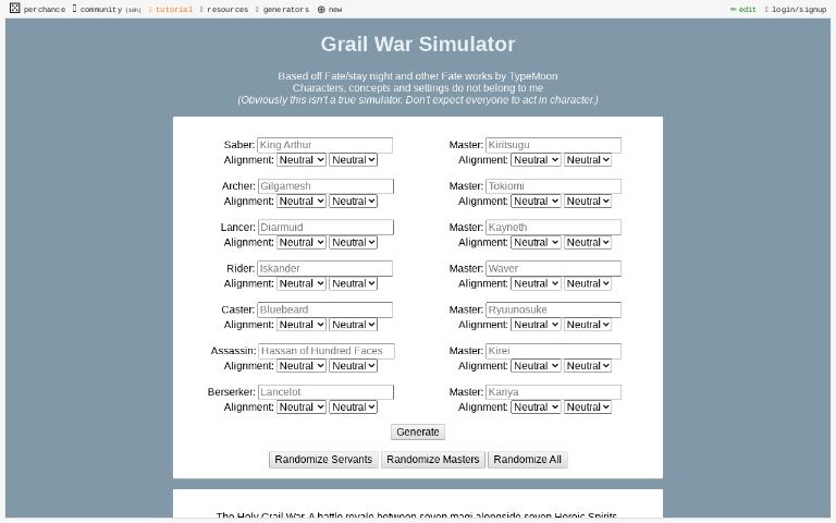 Grail War Simulator ― Perchance Generator