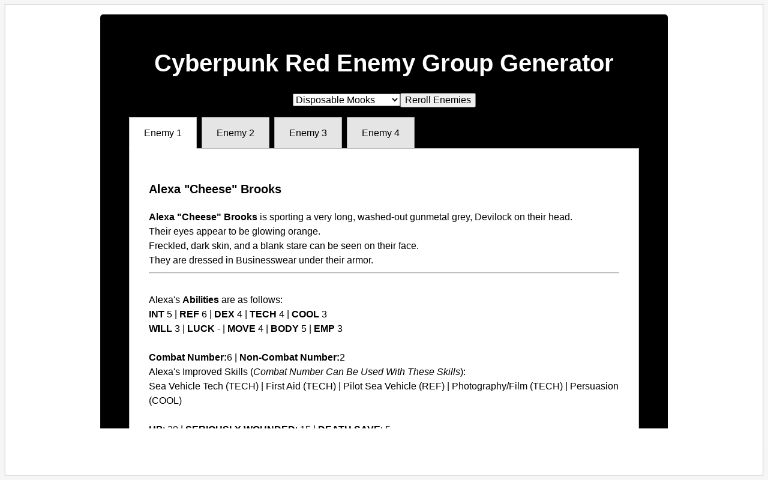 Cyberpunk Red Enemy Group Generator