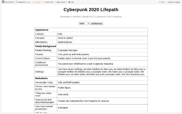 Cyberpunk 2020 Lifepath ― Perchance Generator