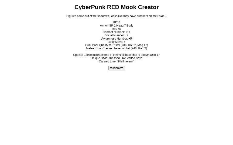 CyberPunk RED Mook Creator ― Perchance Generator