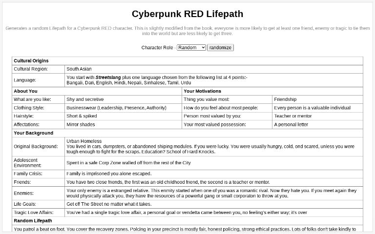 Cyberpunk RED Lifepath ― Perchance Generator