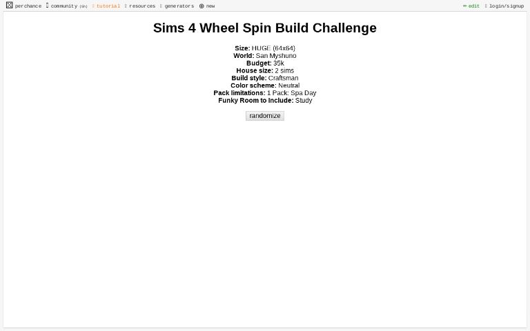 Sims 4 Wheel Spin Build Challenge ― Perchance Generator