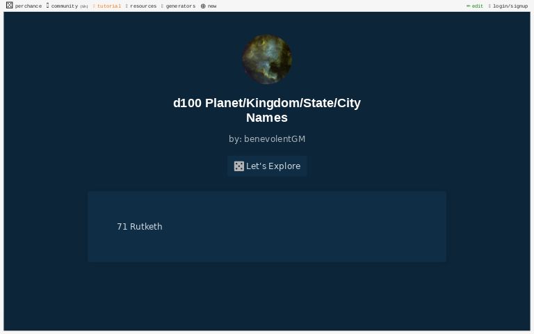 d100 Planet/Kingdom/State/City Names ― Perchance Generator
