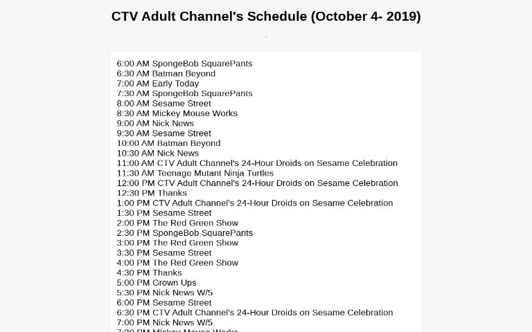 CTV Adult Channel's Schedule (October-December 2019) ― Perchance Generator