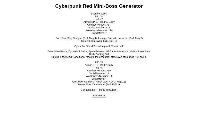 Cyberpunk Red Mini-Boss Generator