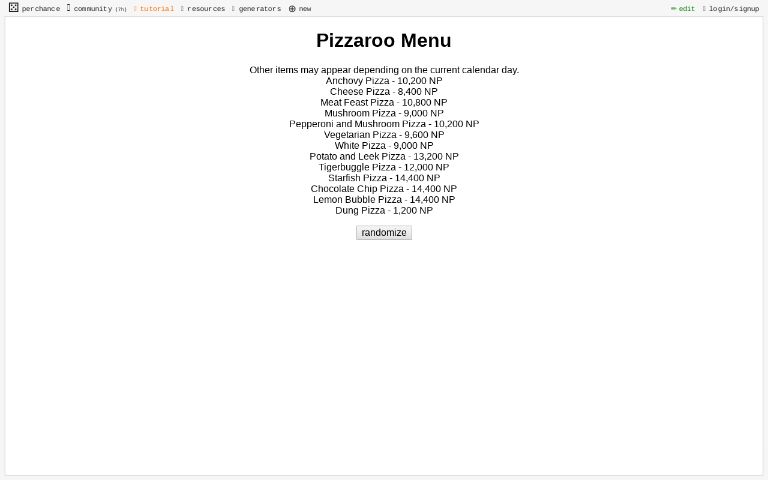 Pizzaroo Menu ― Perchance Generator