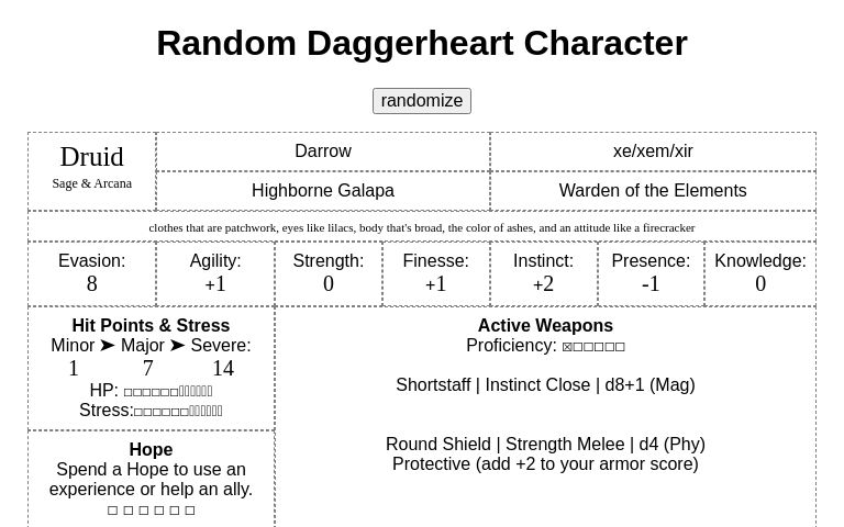Random Daggerheart Character ― Perchance Generator