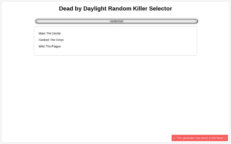 Dead by Daylight Random Killer Selector ― Perchance Generator
