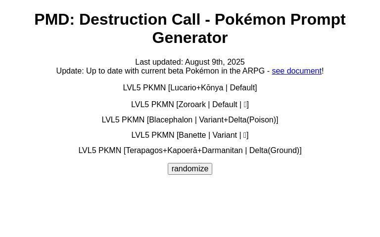 PMD: Destruction Call - Pokémon Prompt Generator