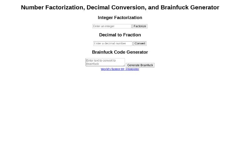 Number Factorization, Decimal Conversion, and Brainfuck Generator