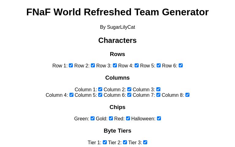 FNaF World Refreshed Team Generator