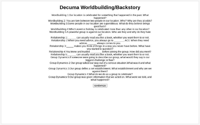 Decuma Worldbuilding/Backstory ― Perchance Generator