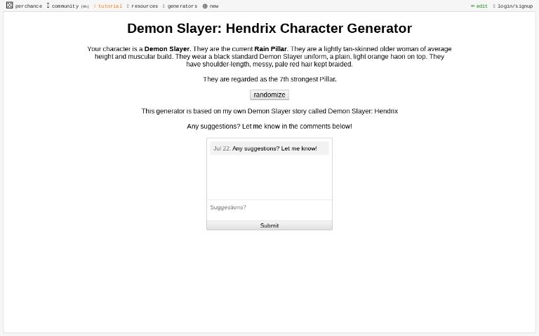 Demon Slayer: Hendrix Character Generator