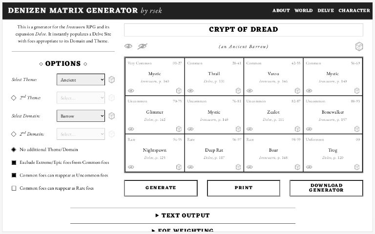 Denizen Matrix Generator for Ironsworn: Delve, by rsek