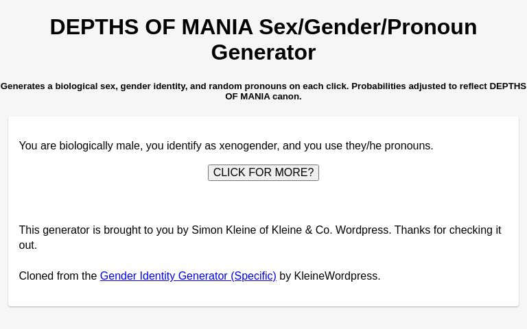 DEPTHS OF MANIA Sex/Gender/Pronoun Generator